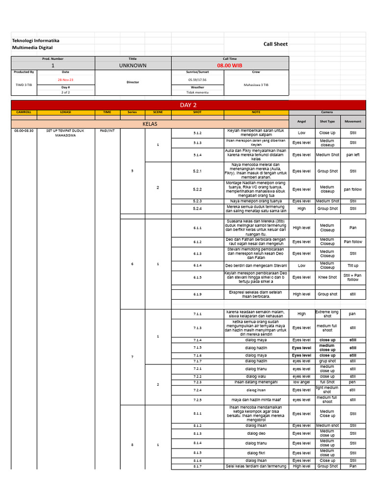call sheet - Sheet3 | PDF