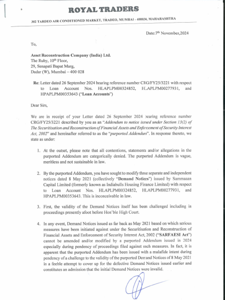 Royal Traders Reply Letter to Addendum Notice (2) | PDF