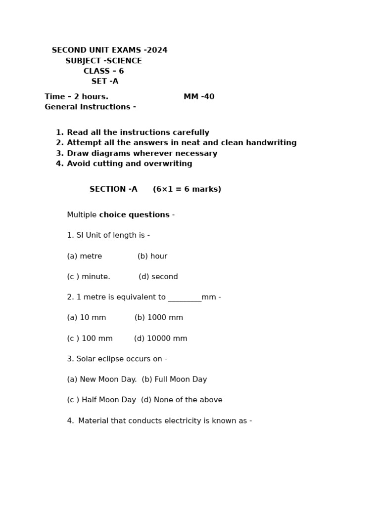 Science Class - 6 Second Unit Test | PDF | Weighing Scale | Kilogram