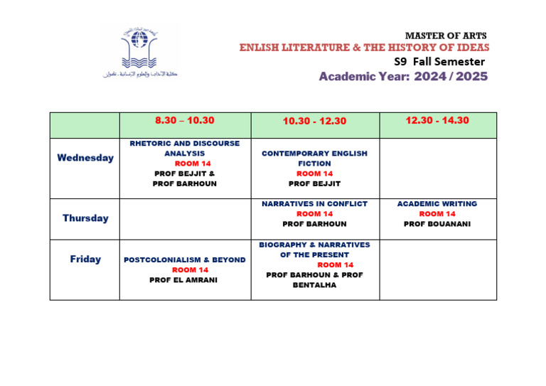 Timetable Semester S9 English Literature and The History of Ideas 2024-2025 | PDF