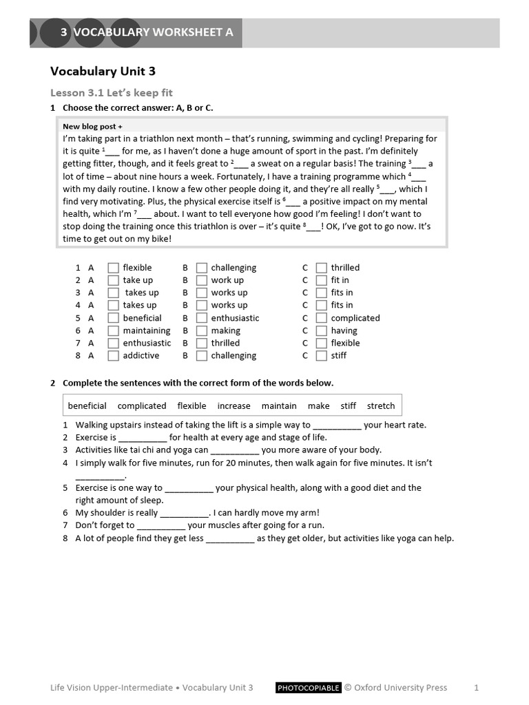Life Vision Upp-Int Unit 3 Vocabulary Worksheet A | PDF | Physical Exercise