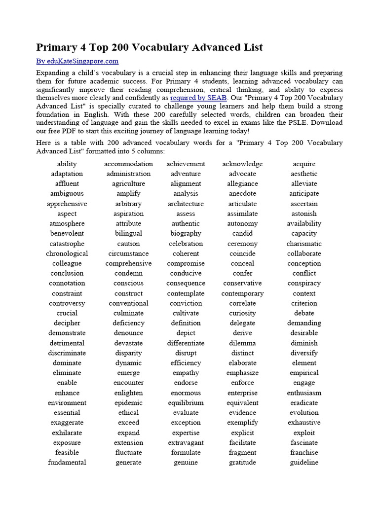 Primary 4 Advanced Vocabulary List | PDF | Vocabulary | Learning