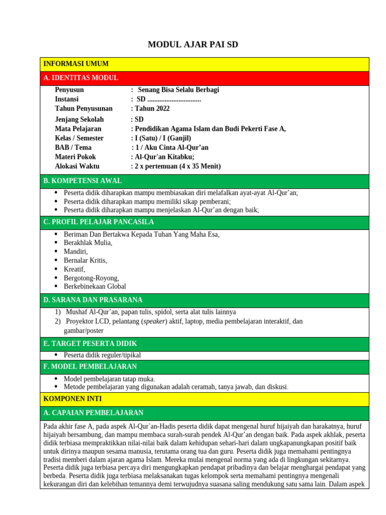 Sample Modul Pai Kelas 1 | PDF