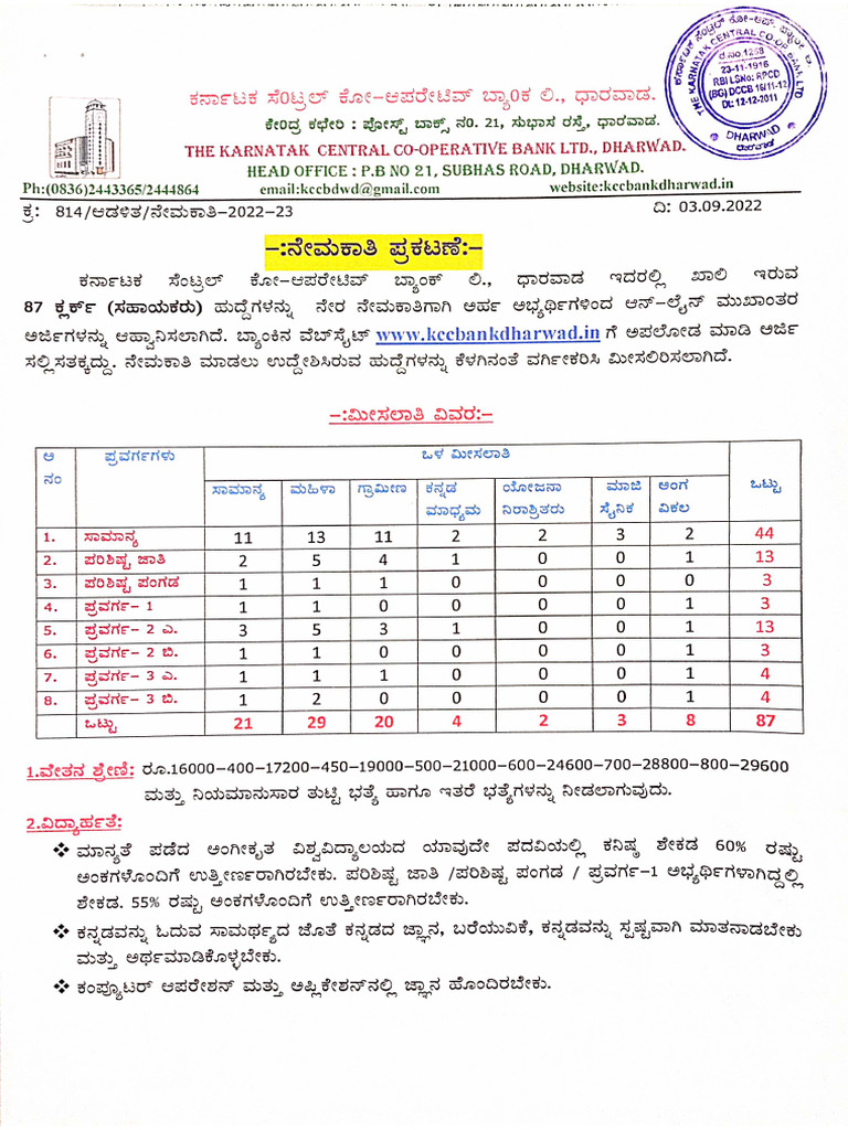 KCC Bank Dharwad Clerk Notification 2022 Apply Online 87 Post | PDF