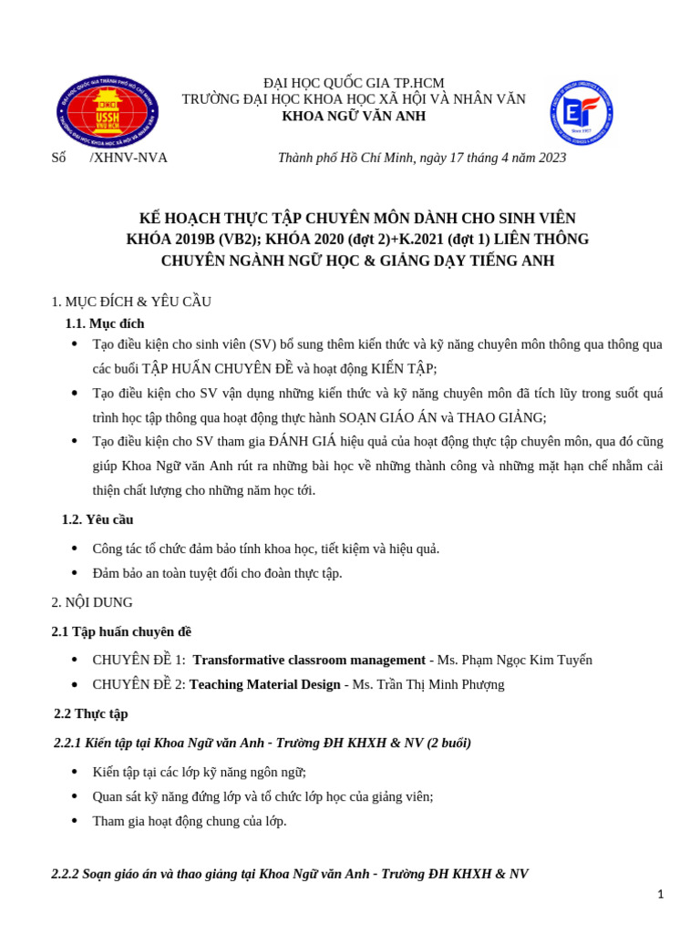(GV+SV) KE HOACH THUC TAP NHGD- K.2019B (VB2); K.2020+K.2021 (LT) | PDF
