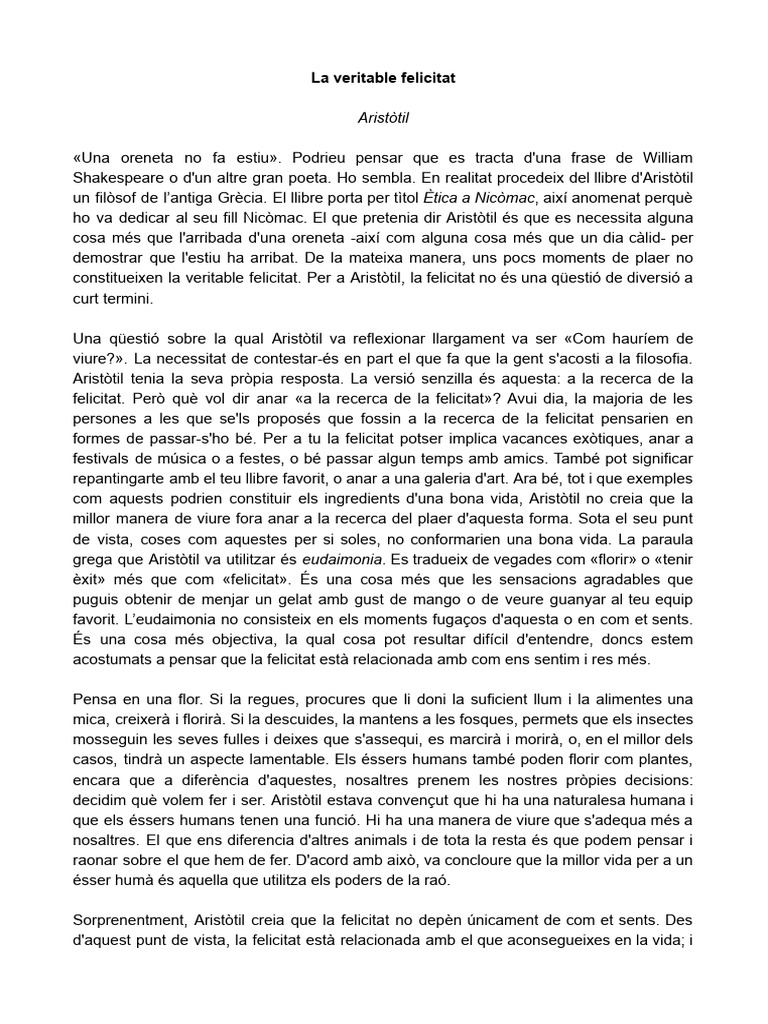 La Veritable Felicitat - Aristòtil | PDF