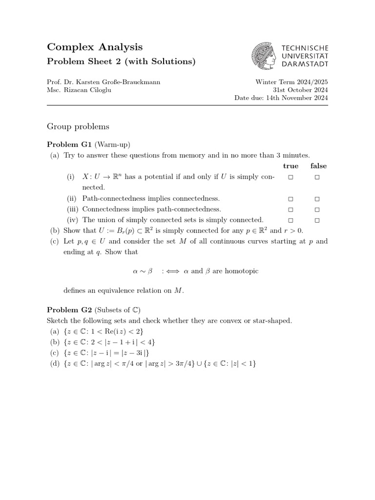 Complex Analysis Problem Sheet 2 Solutions | PDF | Space | Mathematical ...
