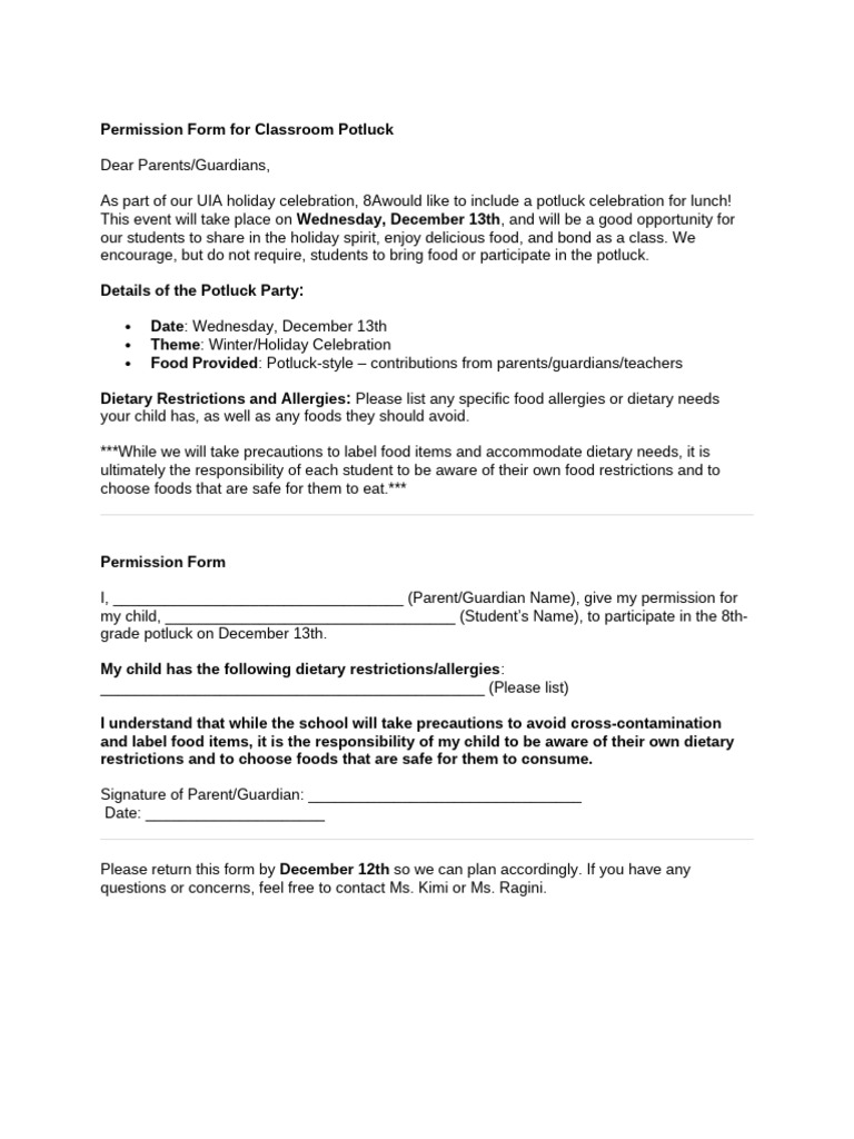 Permission - Form - For - Classroom - Potluck 2 | PDF