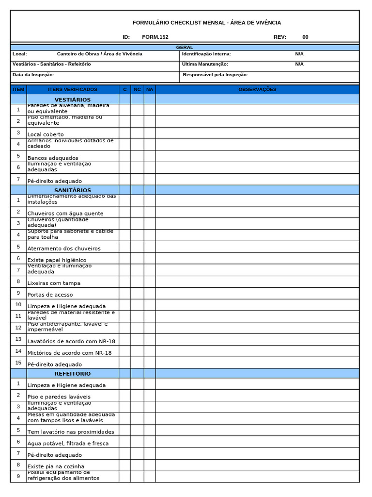 FORM.152 - CL Area de Vivencia (Rev.00) | PDF