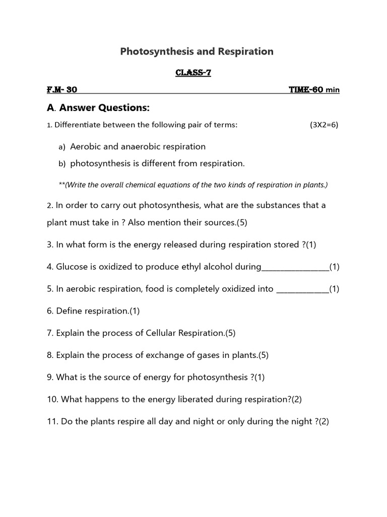 Respiration Class 7 Pdf