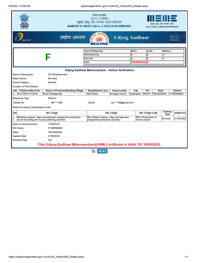 Udyog Aadhaar Memorandum Certificate MSME | PDF | Government Of India ...