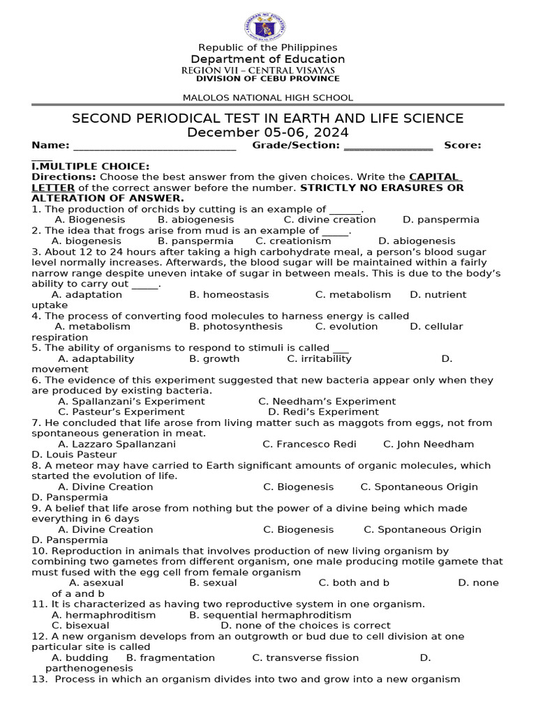 Earth and Life Science Test - Cebu 2024 | PDF | Human Body | Reproduction