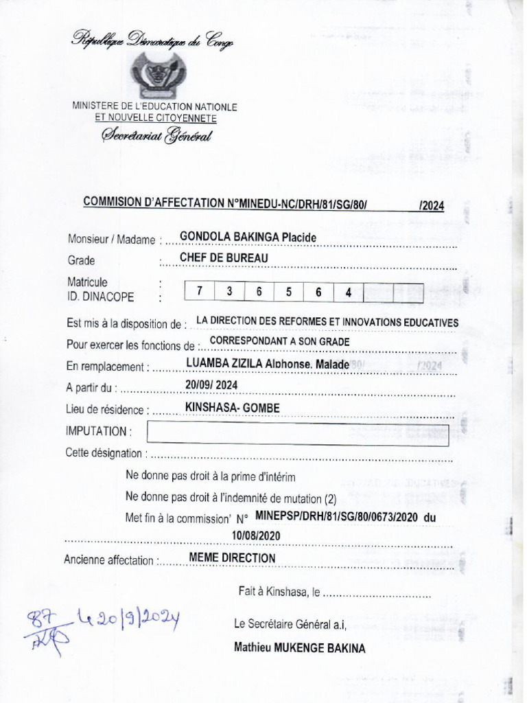 Proposition de Commissionnement Au Grade de CB Gondola Bakinga Placide ...