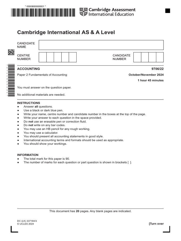 Cambridge International AS & A Level: Accounting 9706/22 | PDF