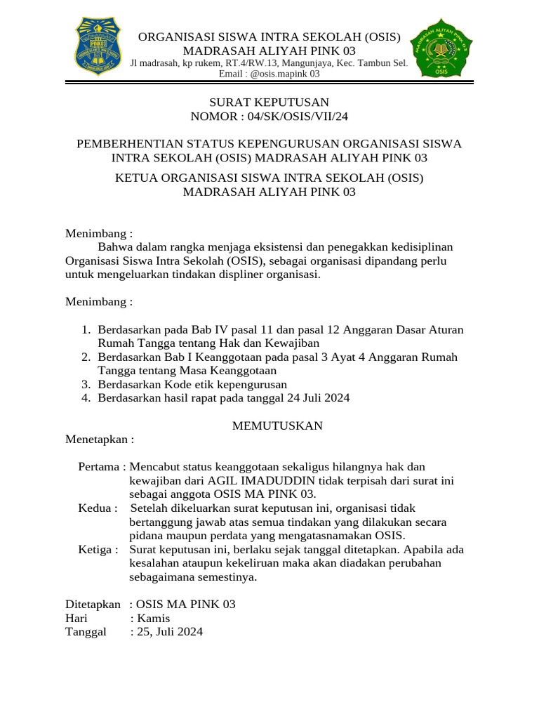 [001-SK] PEMBERHENTIAN OSIS-1 | PDF