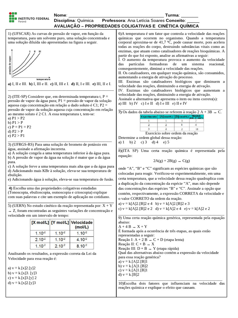 Avaliação Prop Clig e Cinetica | PDF | Reações químicas | Cinética Química