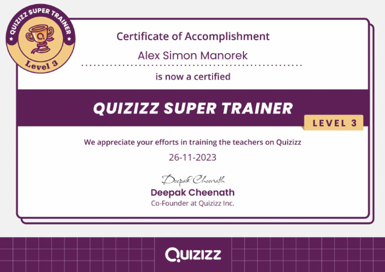 Quizizz Super Trainer Level 3 Certificate - ALEX SIMON MANOREK | PDF