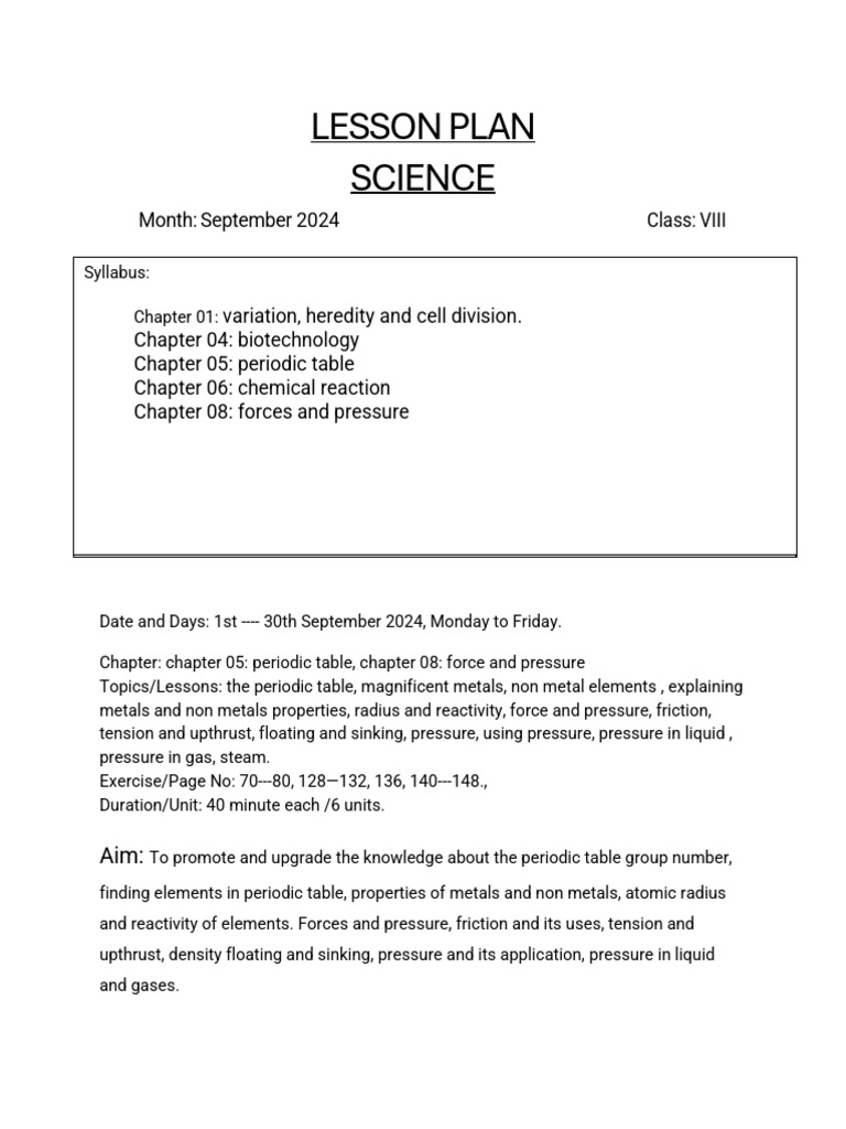 Class 8 Science Lesson Plan: Forces & Periodic Table | PDF | Force ...