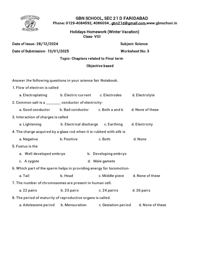 Class 8 Science Winter Homework | PDF