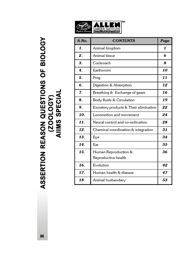ALLEN SPECIAL ZOOLOGY ASSERTION REASON BOOKLET - PDF (HINDI M | PDF ...