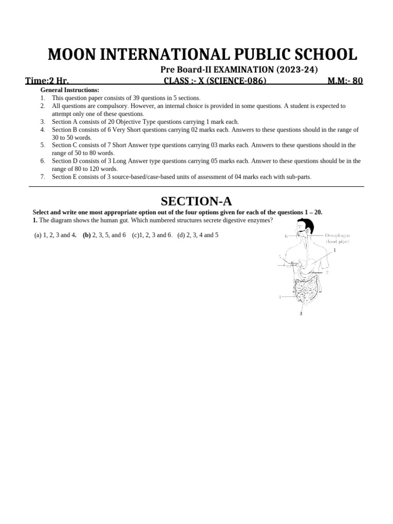 Class X Science Pre-Board Exam 2023 | PDF | Digestion | Pancreas