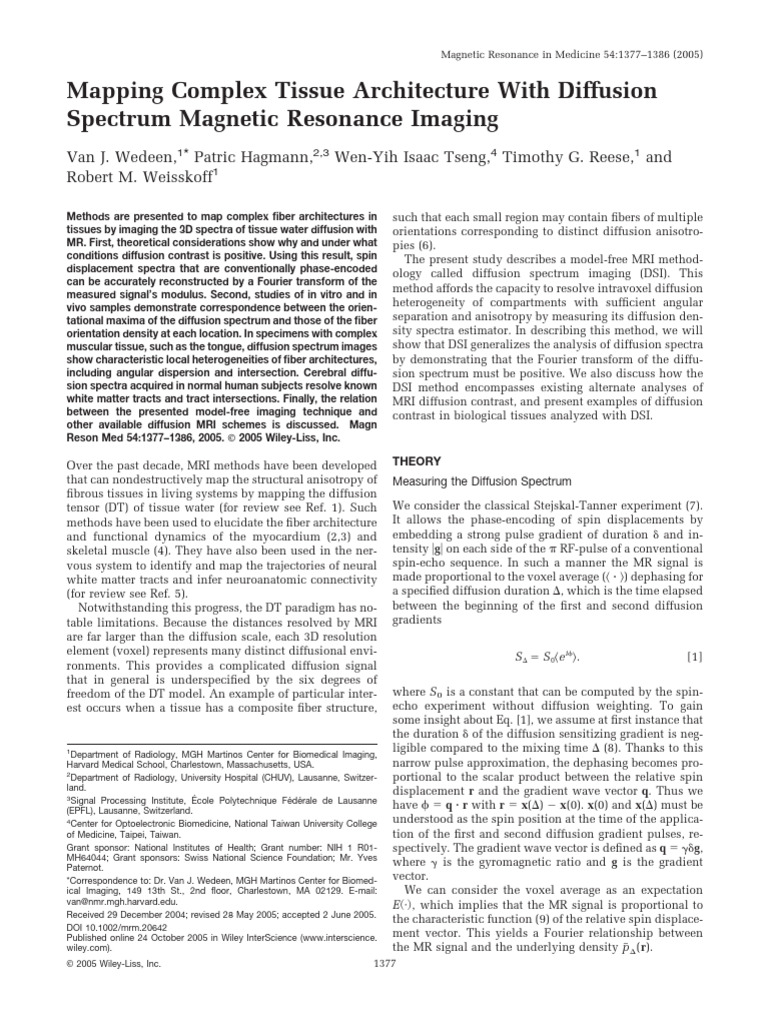 Wedeen - Mapping Complex Tissue Architecture w | PDF | Spectral Density | Magnetic Resonance Imaging