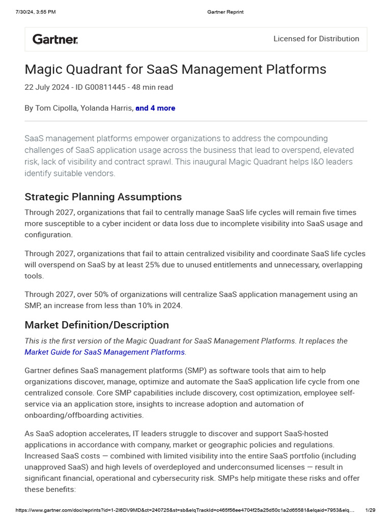 REPORT - Gartner SaaS Management Platform Magic Quadrant 2024 | PDF | Software As A Service ...