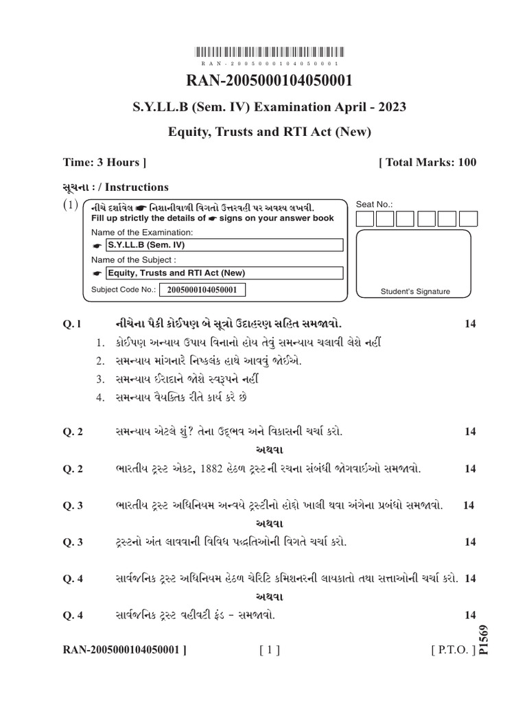 Equity, Trust and Rti Act - Old Question Paper | PDF | Equity (Law ...