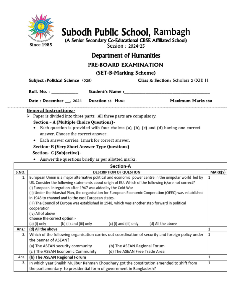 2024 25 Pre Board Set B @ms Pol SC Xii | PDF | Kyoto Protocol