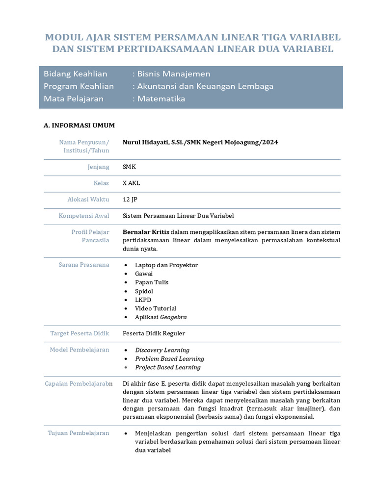 Modul Ajar Matematika - Modul Ajar SPLTV Dan SPTLDV - Fase E | PDF