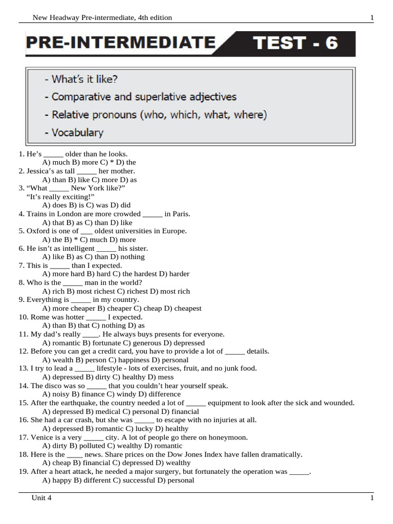 Pre Intermediate Test 6 | PDF