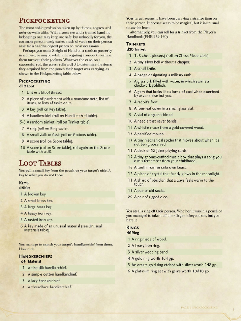 DND Pickpocketing Sheet | PDF