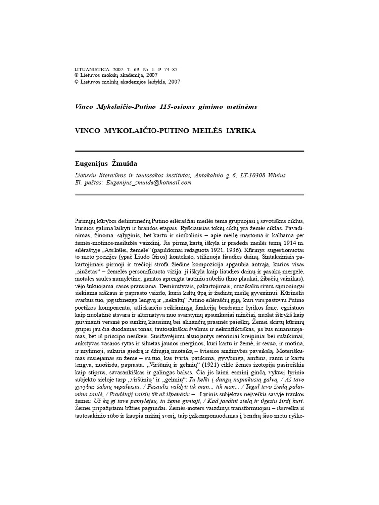 Vinco Mykolaičio-Putino Meilės Lyrika | PDF