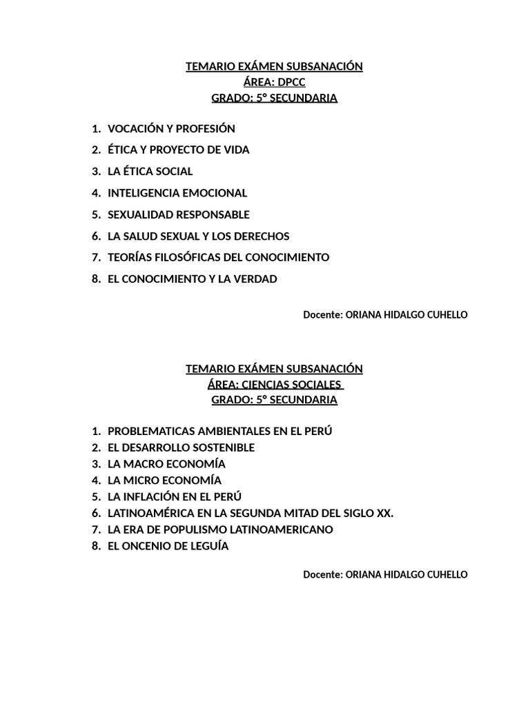 Temario Examen 5° Secundaria DPCC y Sociales | PDF