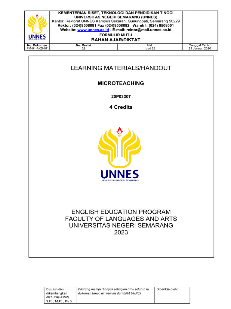 Bahan Ajar Pembelajaran Mikro Puji Astuti_FBS UNNES_BA Microteaching-August 2023 | PDF