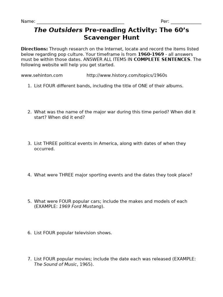 The Outsiders: Pre-Reading Activity: The 60's Scavenger Hunt | PDF