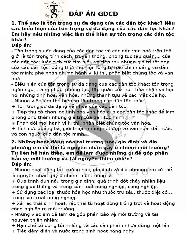 ĐÁP ÁN GDCD | PDF