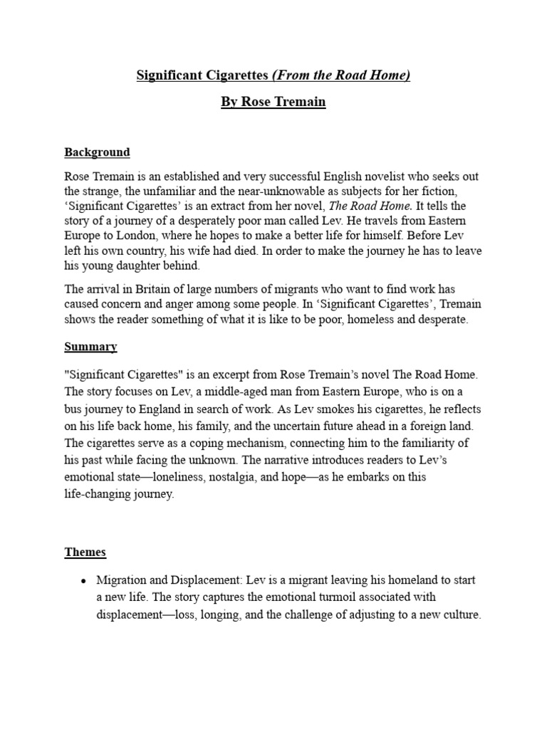 Significant Cigarettes (From The Road Home) Igcse Notes | PDF ...