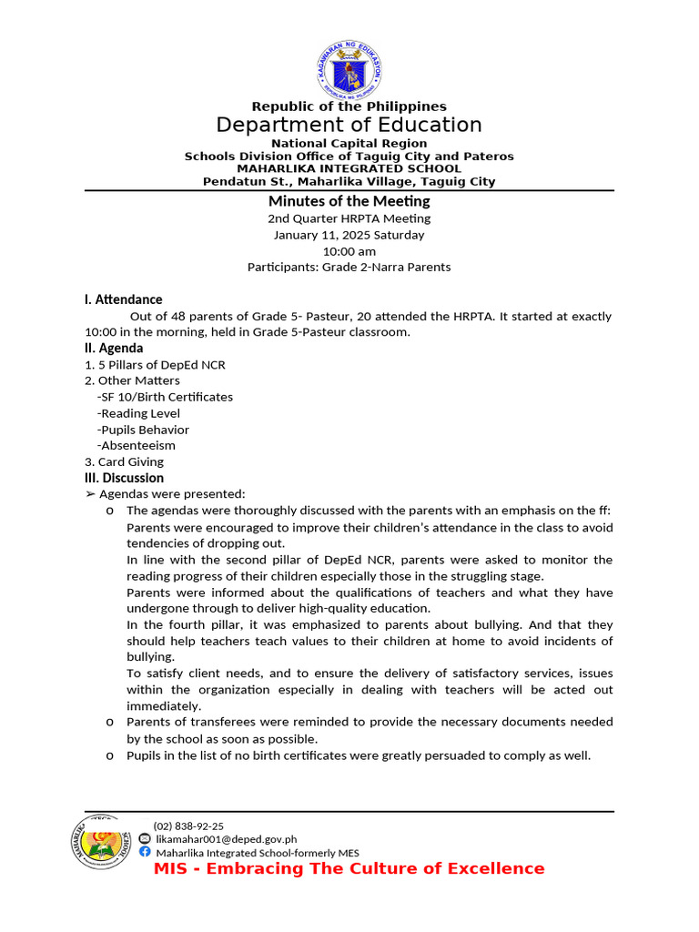 HRPTA Grade 2 Narra 2ND QUARTER | PDF | Teachers