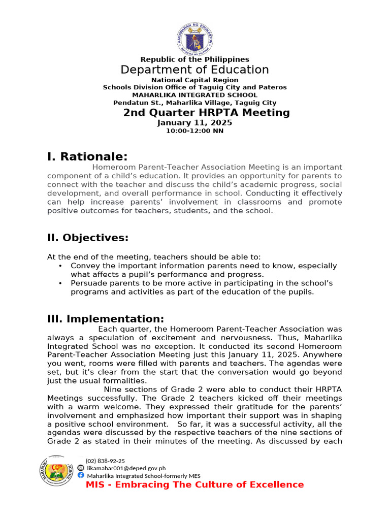 HRPTA School Narrative Report Grade 2 2nd Quarter | PDF | Teachers | Learning