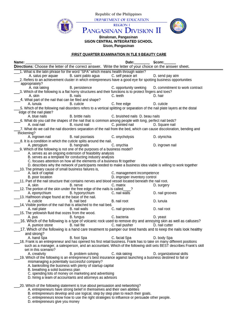 First Quarter Exam in TLE 9 Beauty Care | PDF | Nail (Anatomy)