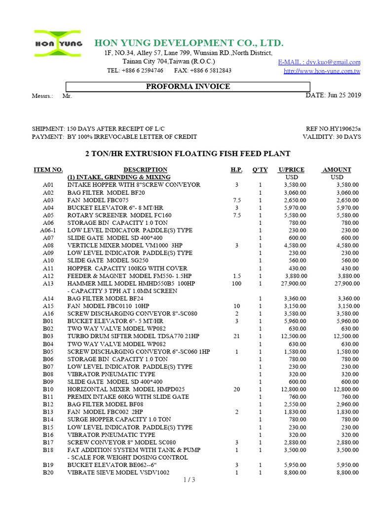 2 TPH Floating Feed Invoice (190625) | PDF | Manufactured Goods | Gases