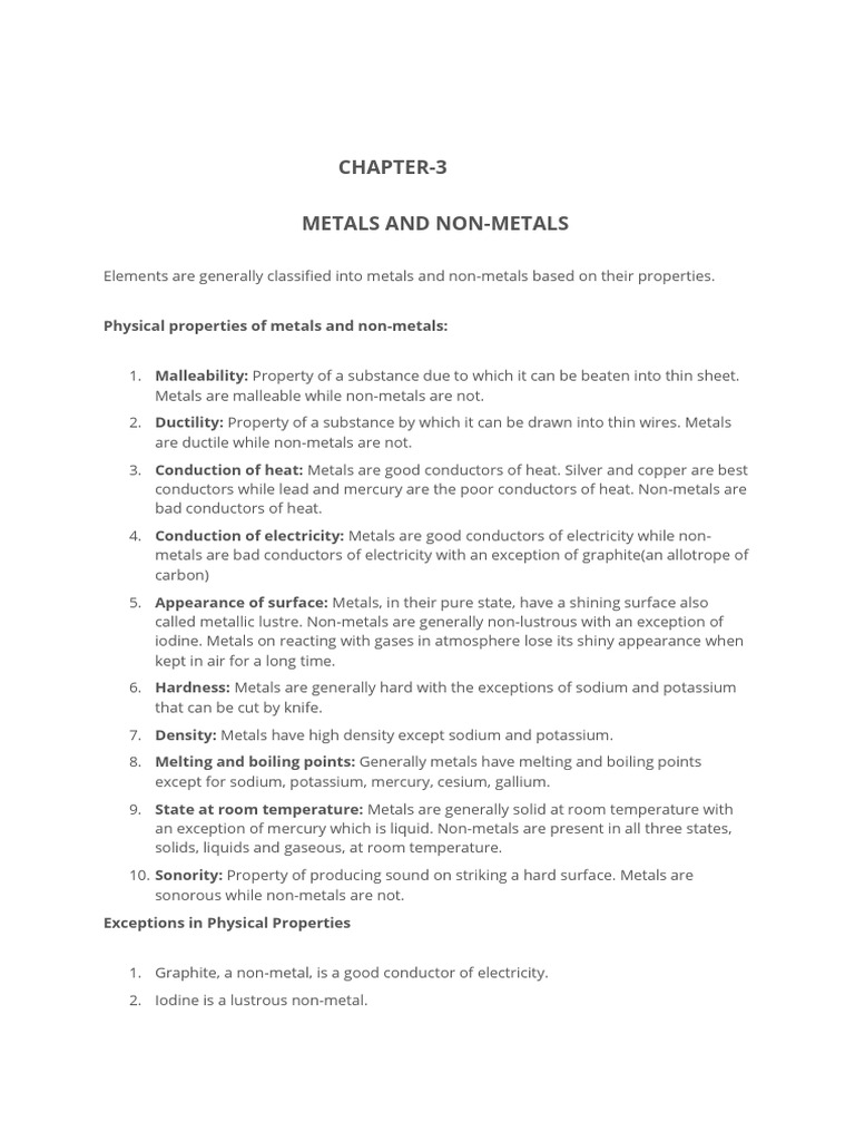 Metals vs Non-Metals: Properties & Reactions | PDF | Metals | Alloy