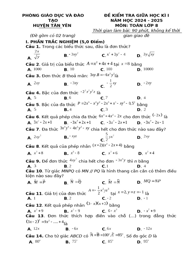 HDC Toán 8 GHK I Năm 2024 2025 | PDF