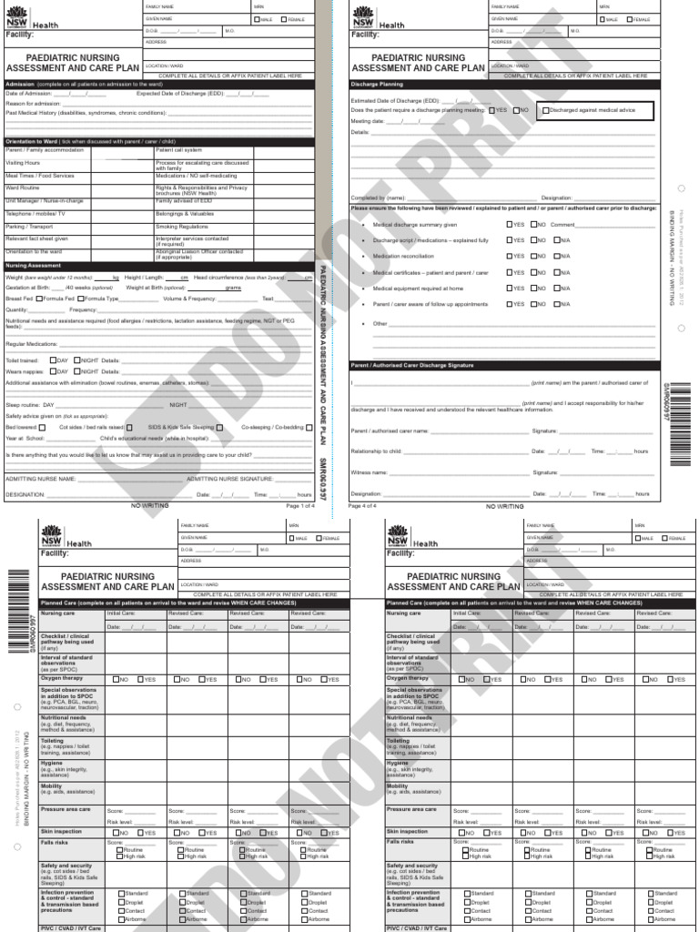 Paediatric Nursing Assessment and Care Plan Chart | PDF | Caregiver ...