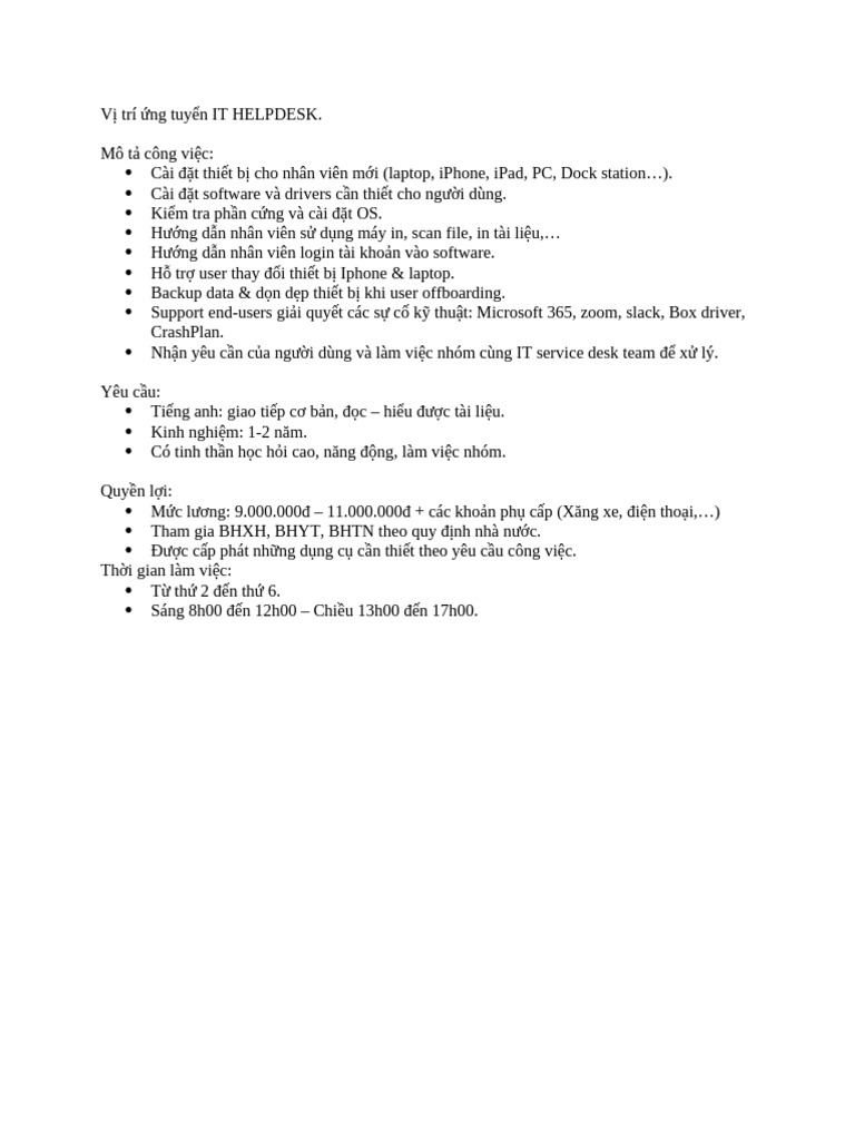 Vị Trí Ứng Tuyển IT HELPDESK | PDF