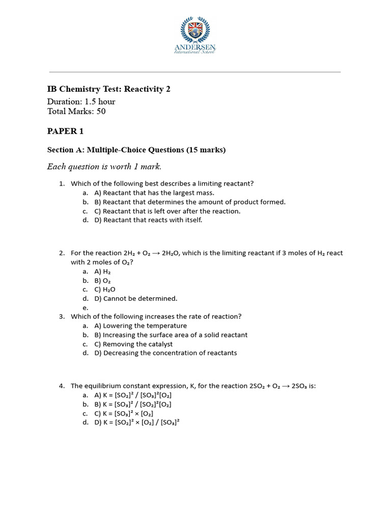IB Chemistry Test: Reactivity 2 Overview | PDF | Reaction Rate ...