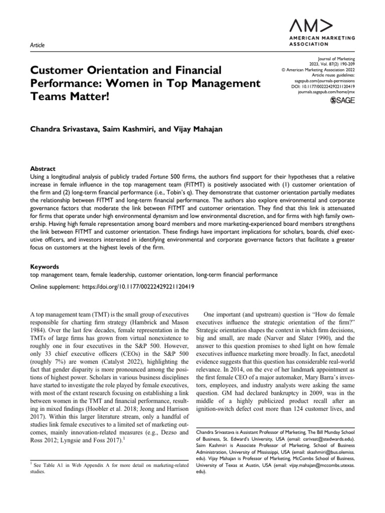 Customer Orientation and Financial Performance Women in Top Management Teams Matter! | PDF ...