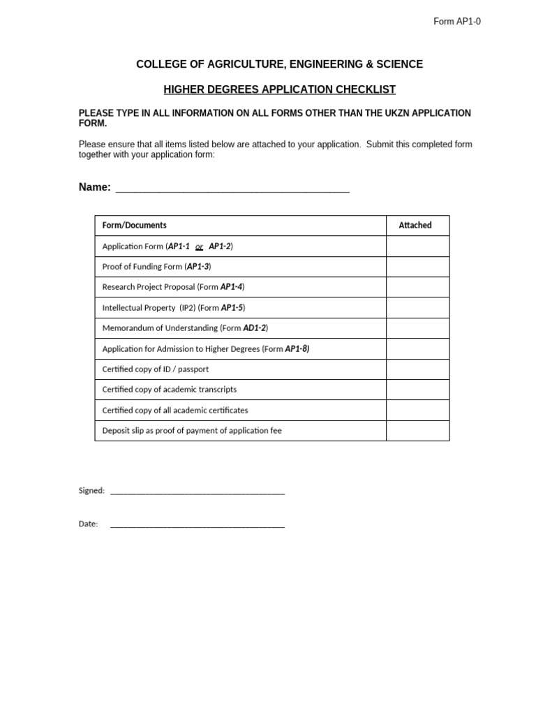 AP1-0 Application Checklist | PDF