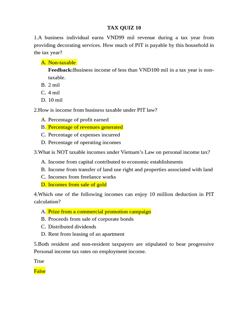 Tax Quiz 10 Pdf Taxes Income